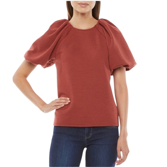 Worthington | Tops | Boat Neck Puff Elbow Sleeve Ribbed Top | Poshmark